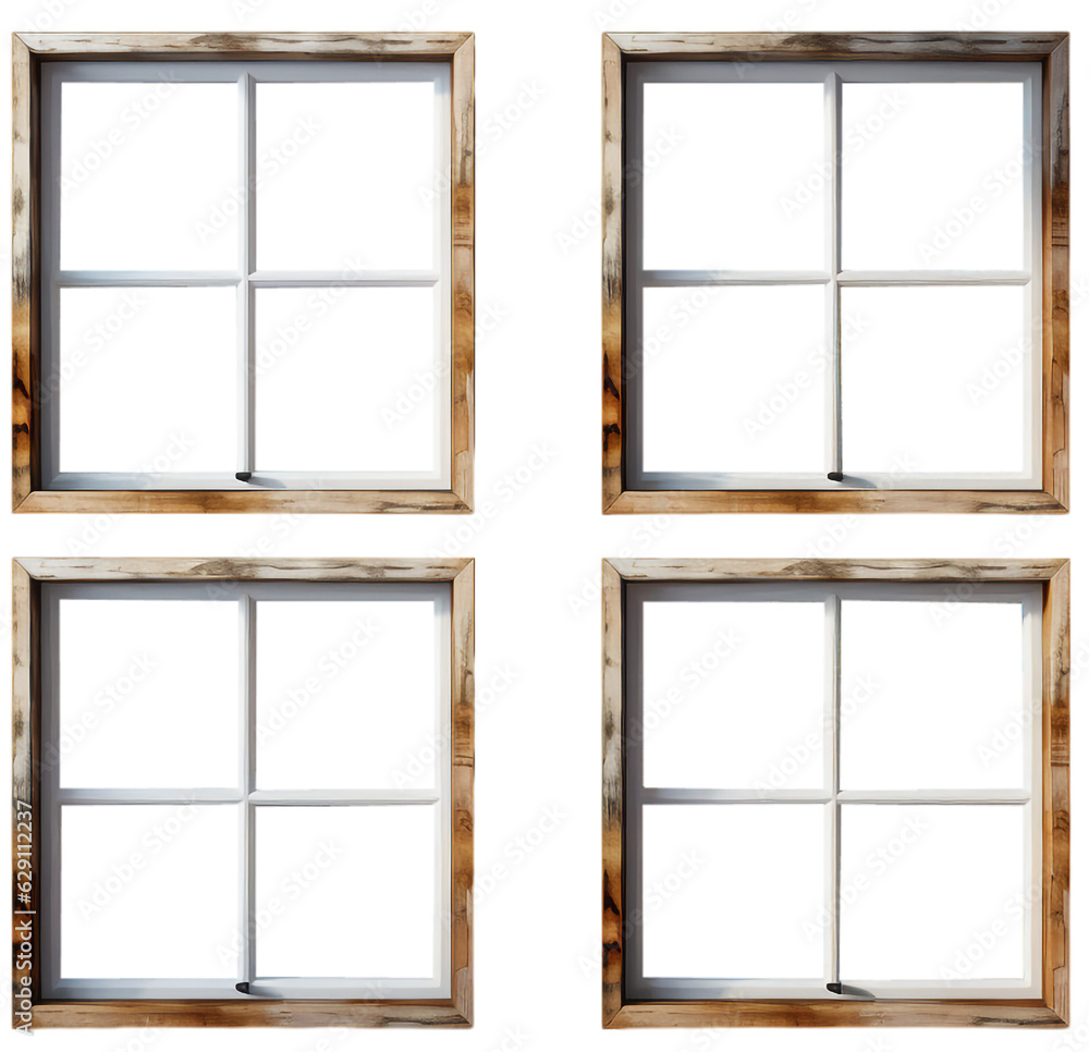 four white with light brown weathered window frames with transparent ...