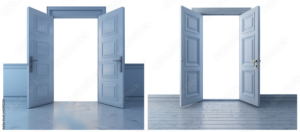 two white open double doors with a marble and a white parquet floor, on ...