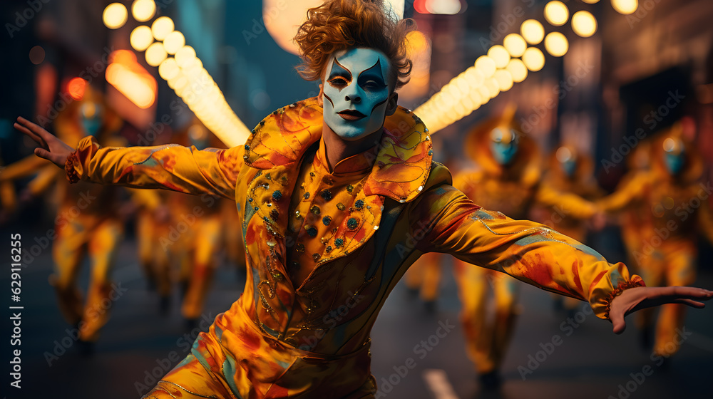 Flamboyant Street Performer Dancing In A Busy City Street At Night ...