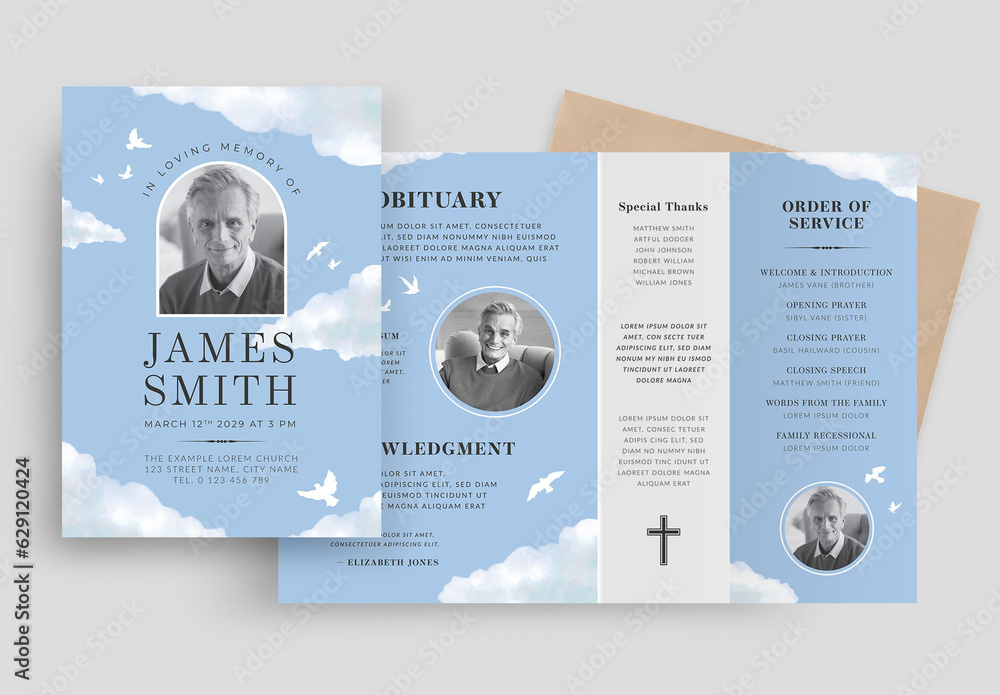 Blue Sky with Clouds Funeral Program Layout Stock Template | Adobe Stock