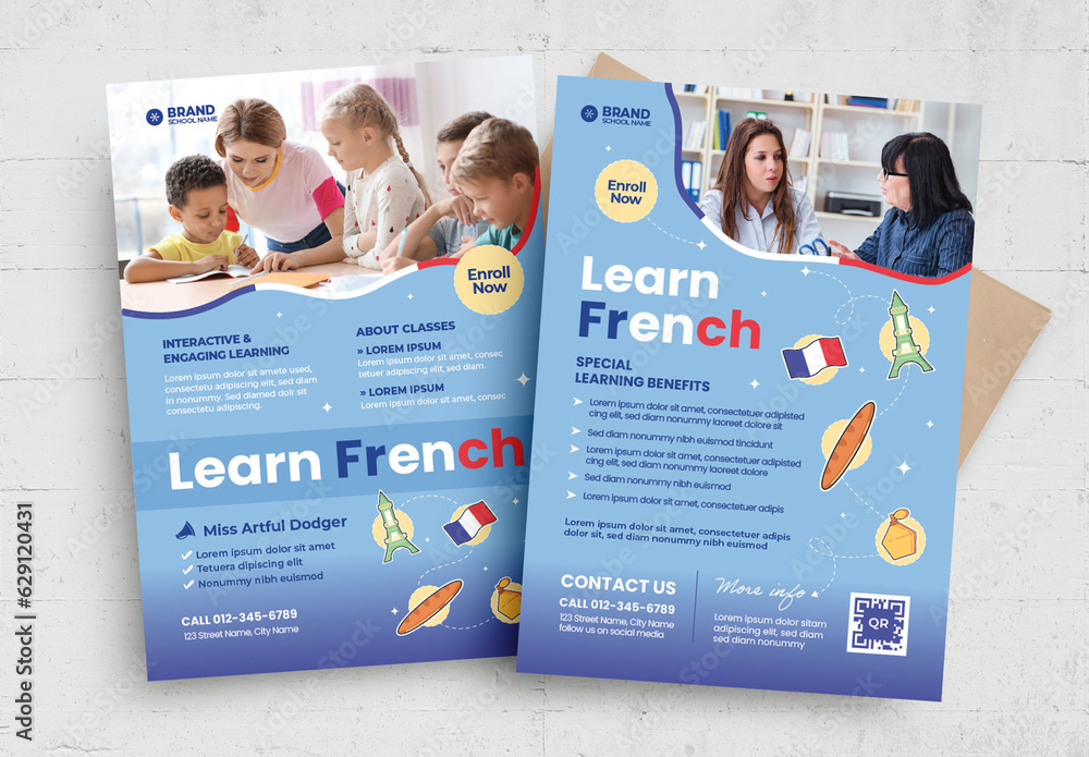 Learn French Language Lesson Education Flyer Poster Layout Stock ...