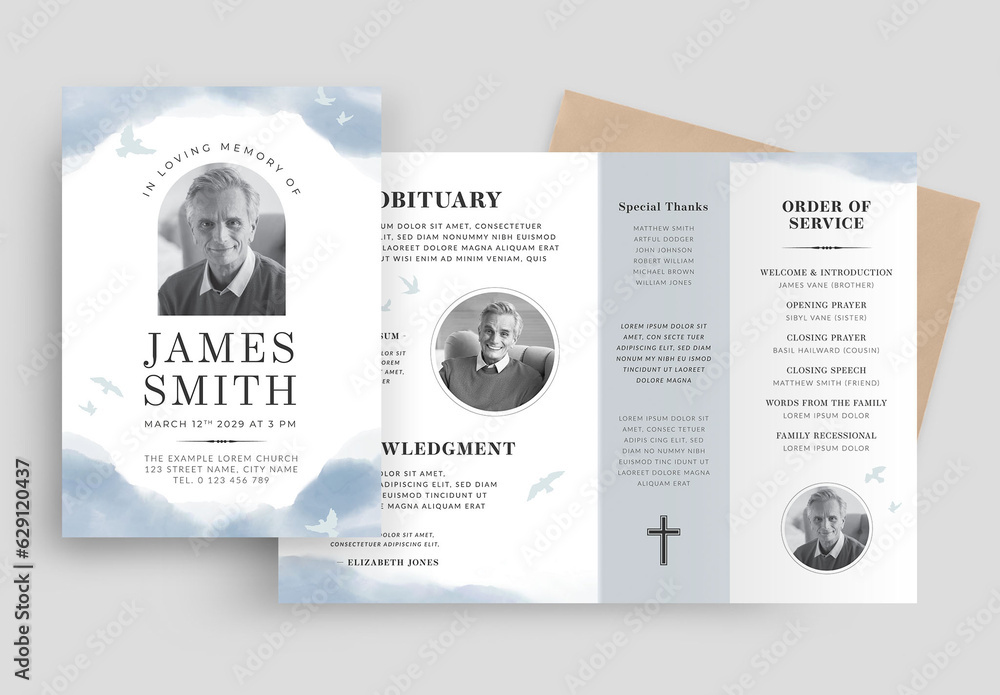 Watercolor Funeral Brochure Layout Stock Template | Adobe Stock
