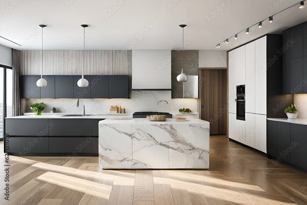 Front view of a modern designer kitchen with smooth handleless cabinets ...