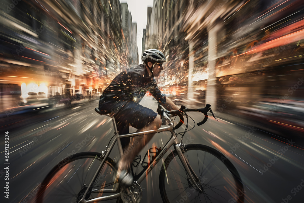 Multiple exposure photograph of a cyclist riding through a city street ...
