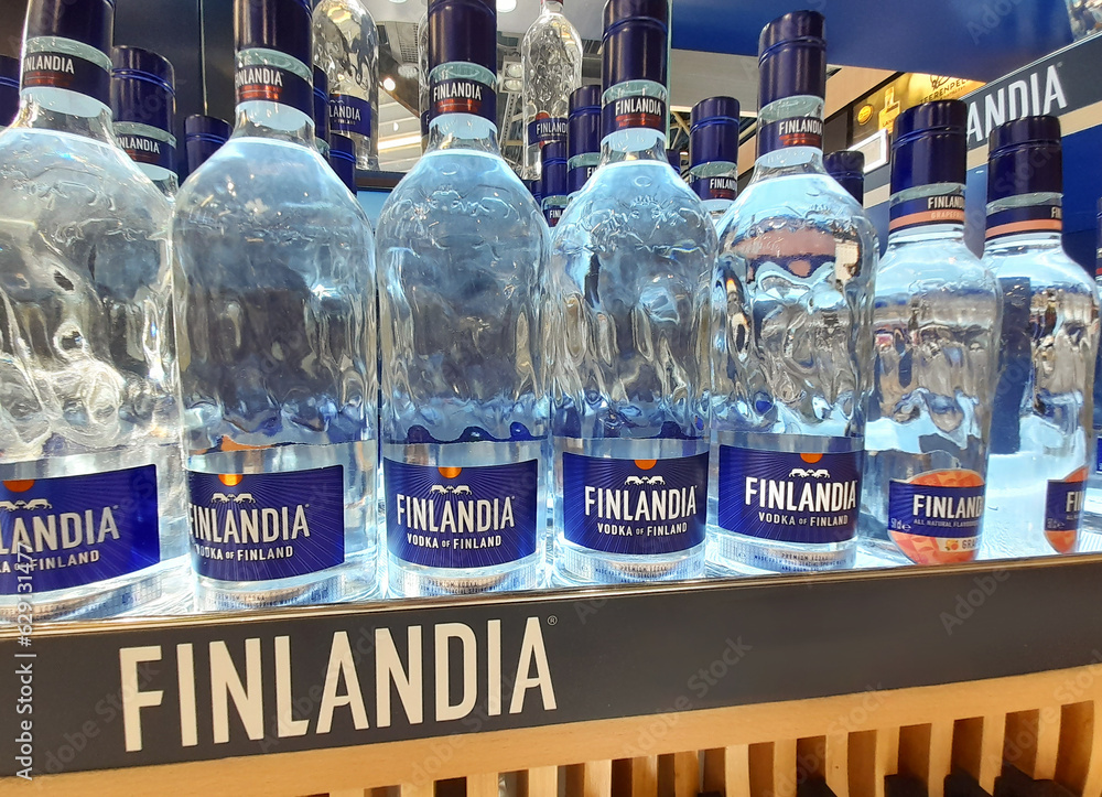 Finlandia Vodka of Finland bottles at the duty free shop at Helsinki ...