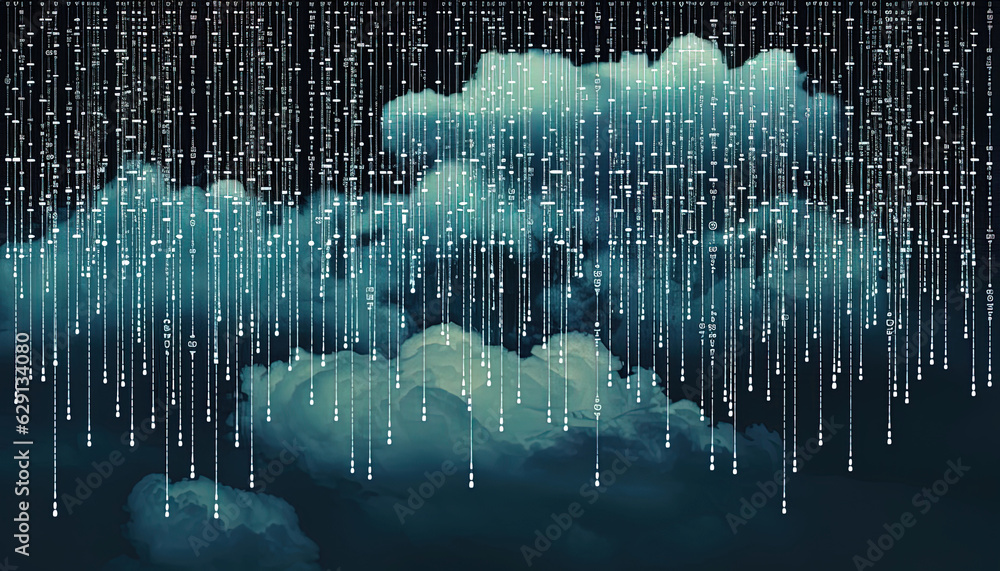 Illustration showing data as rain falling from the virtual cloud onto ...