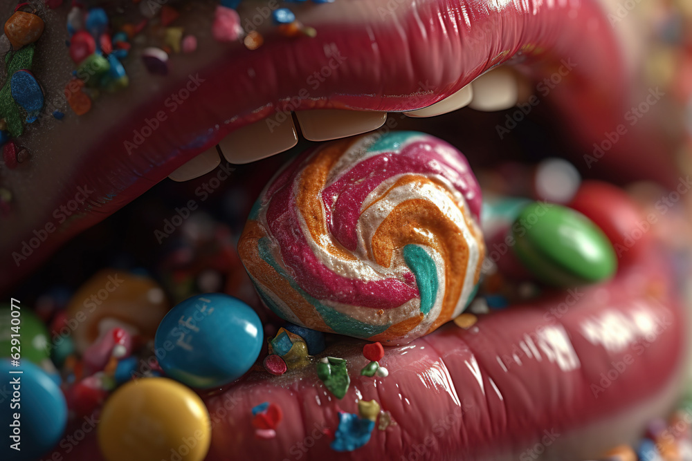 Close up mouth and face full of candies and sweets, candy-filled mouth ...