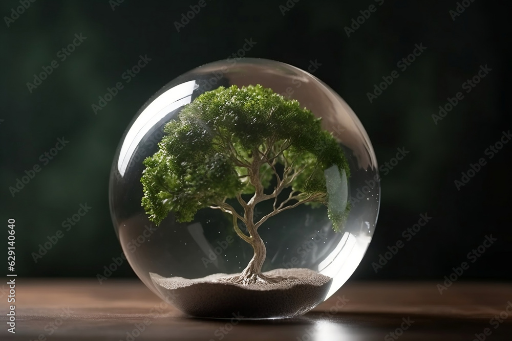 Green tree in a bubble surrounded by ruined nature. Ecology and saving ...