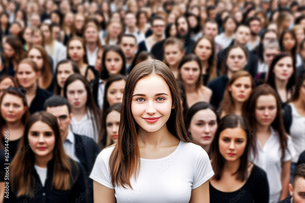 Huge crowd and close up view of young woman who stands out from crowd ...