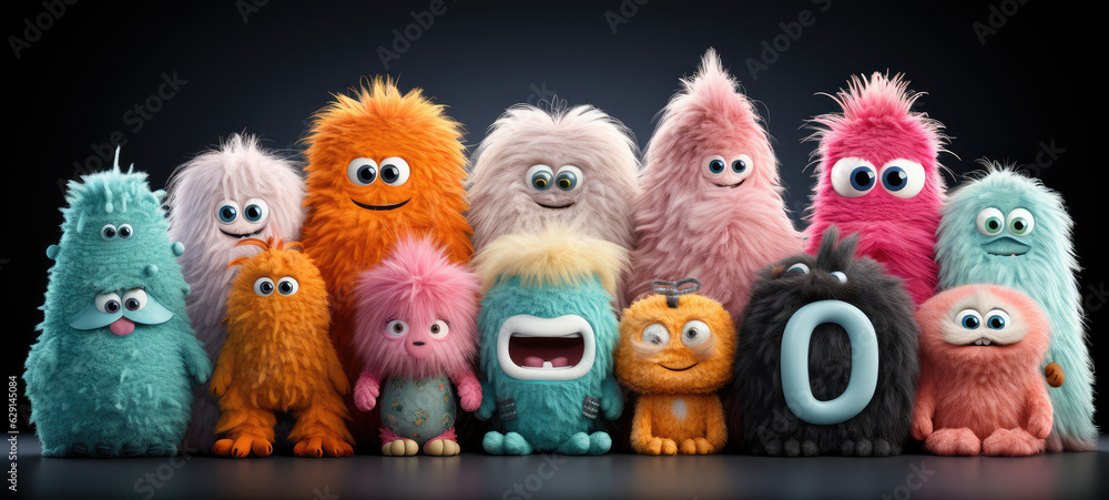group of cute monster in a raw. created by generative AI technology ...