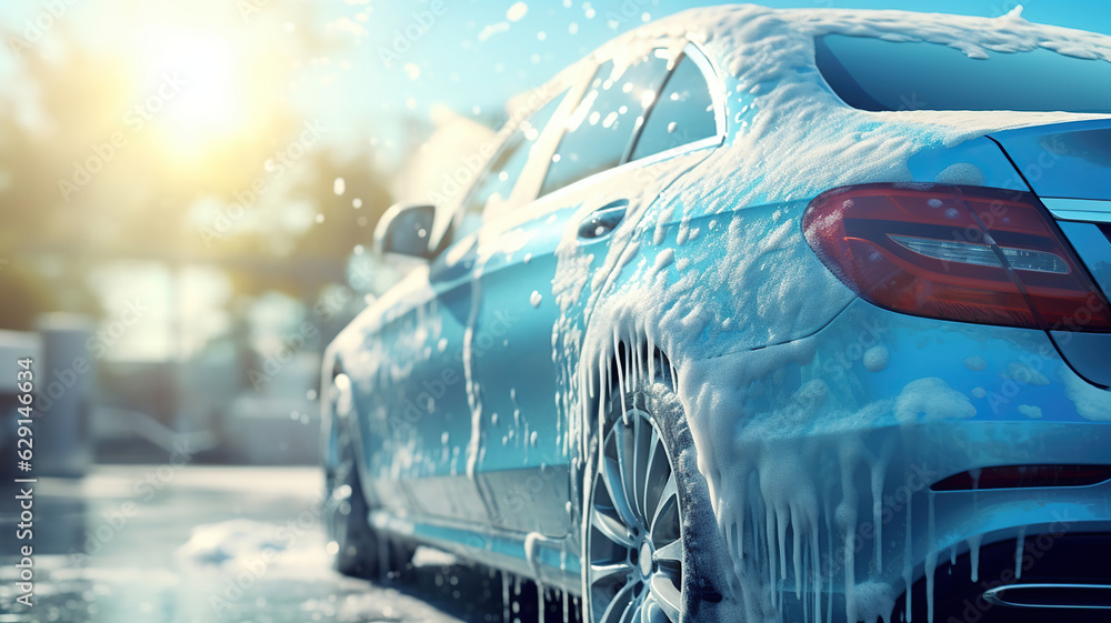 car is being manually washed with white soap and foam on the body Stock ...