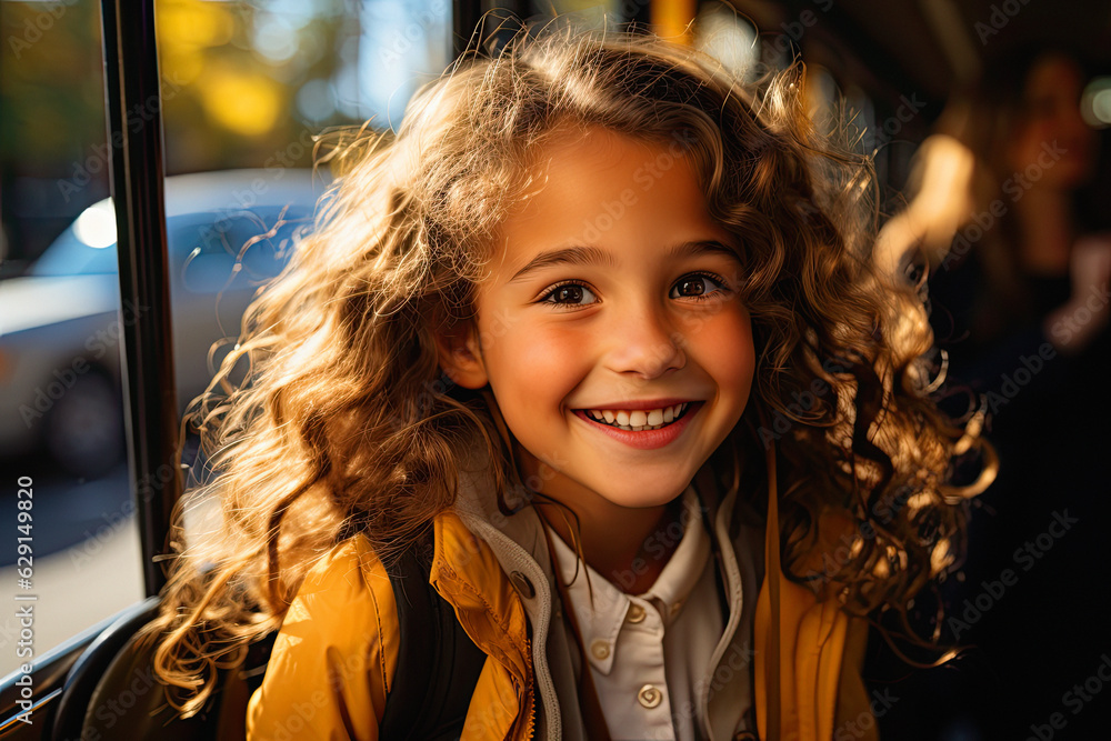School Bus: smiling Cute Girl Getting On school Bus Stock Photo | Adobe ...
