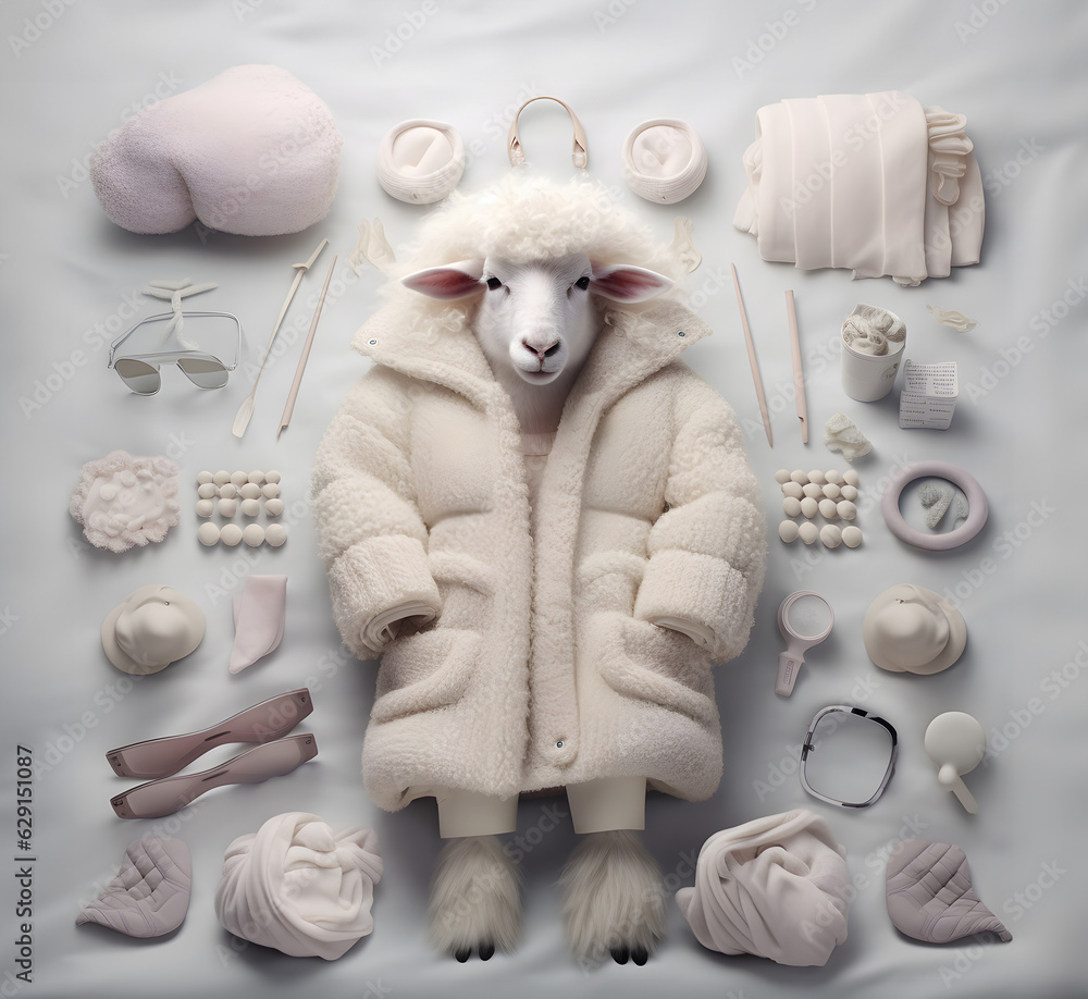 Sheep is wearing a winter sheep fashion. She is surrounded by the same ...