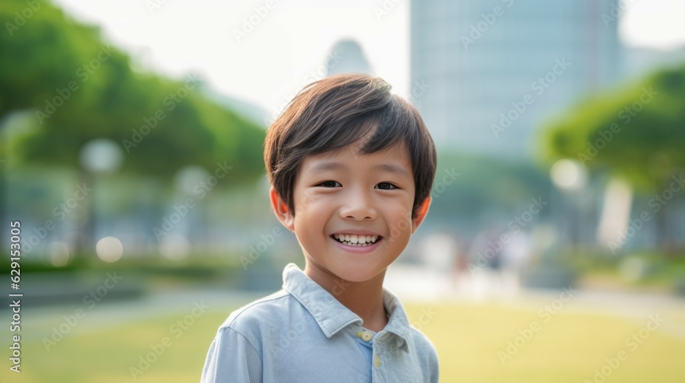 Happy Asian boy smiling in a park. Closeup Portrait of a smiling ...