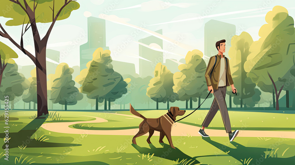 ภาพประกอบสต็อก People walking with dogs in autumn urban park. Vector ...
