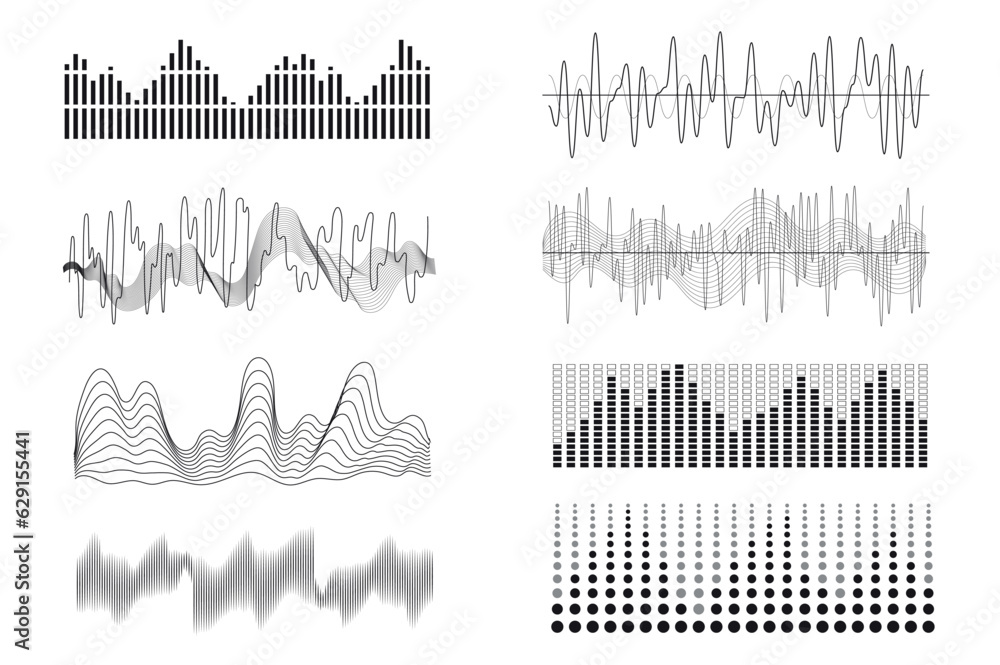 Sound waves mega set in graphic flat design. Bundle elements of curve ...