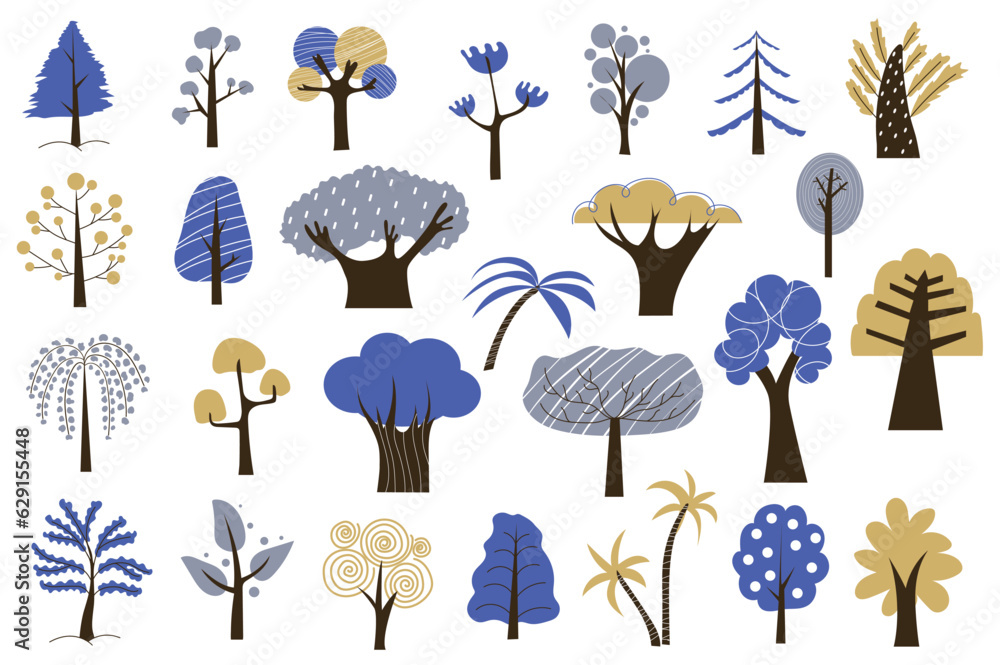 Abstract trees mega set in graphic flat design. Bundle elements of ...