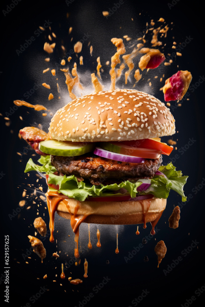 Generative AI illustration of Burger in the air exploding with cheese ...