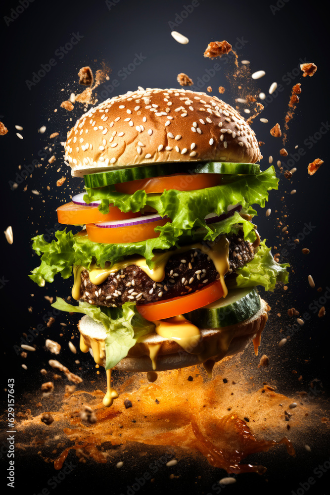 Generative AI illustration of Burger in the air exploding with cheese ...