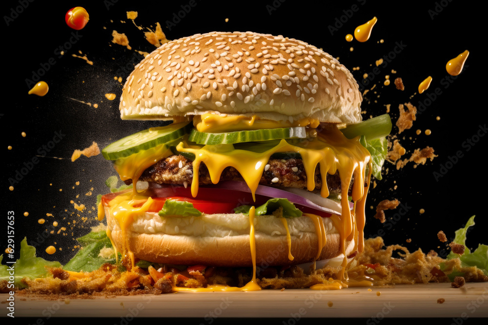 Generative AI illustration of Burger in the air exploding with cheese ...