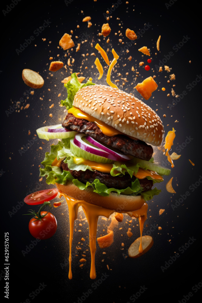 Generative AI illustration of Burger in the air exploding with cheese ...