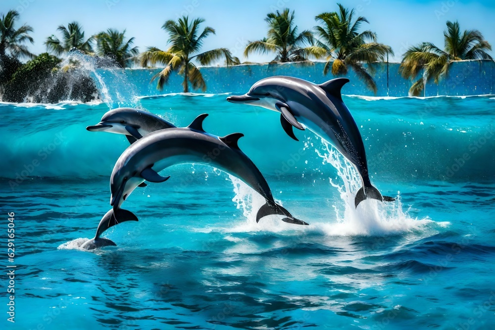 Dolphins Jumping out of Water, creative using generative AI tools Stock ...