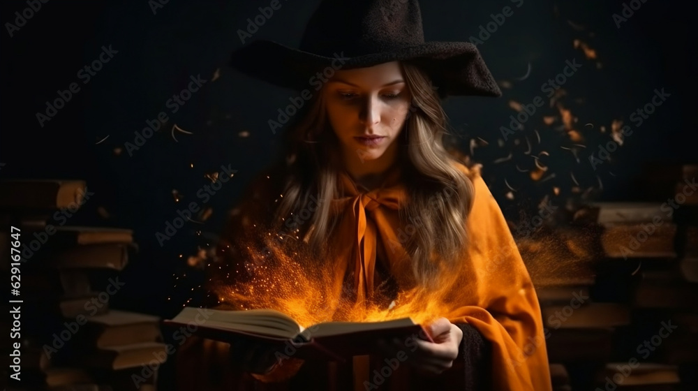 Fantasy woman witch magician in hood holds in hands magic book, bright ...