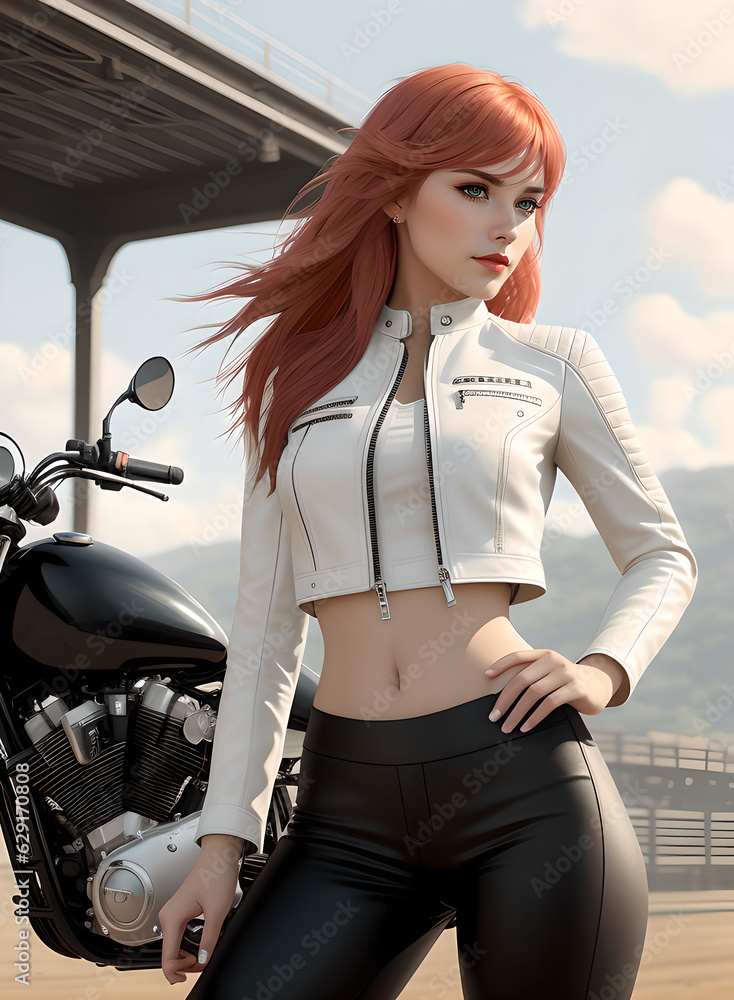 Girl in a racing jacket on the race track grandstand car sports ...