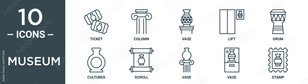 museum outline icon set includes thin line ticket, column, vase, lift ...