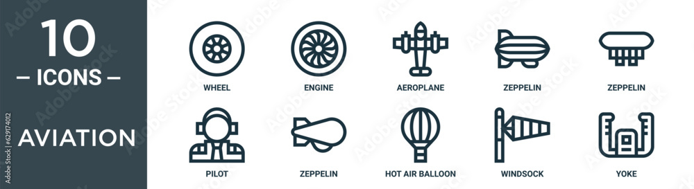 aviation outline icon set includes thin line wheel, engine, aeroplane, zeppelin, zeppelin, pilot ...