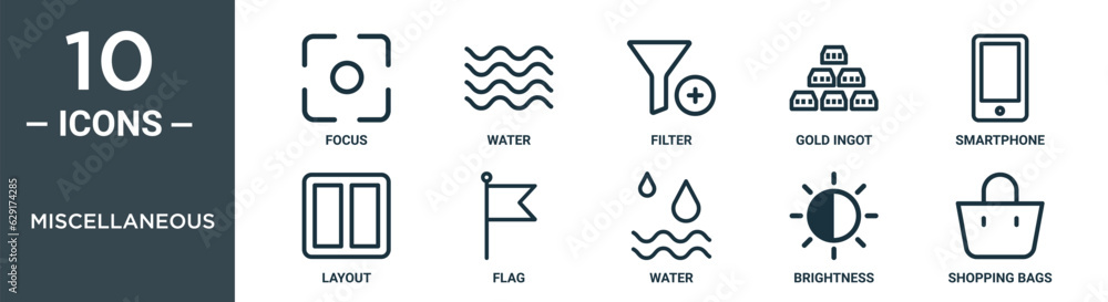 miscellaneous outline icon set includes thin line focus, water, filter, gold ingot, smartphone ...