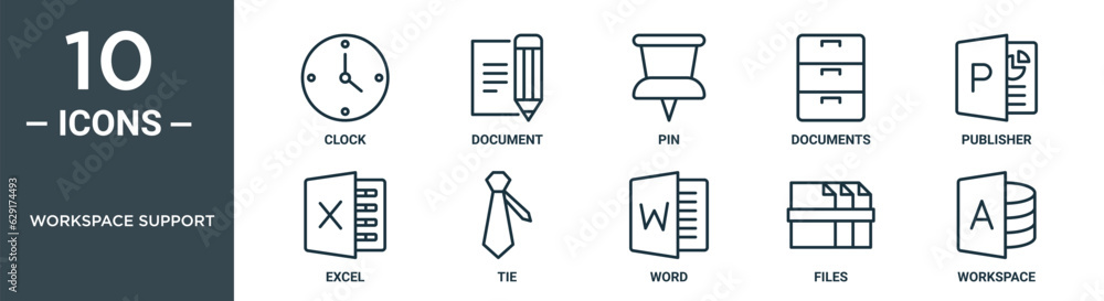 workspace support outline icon set includes thin line clock, document ...