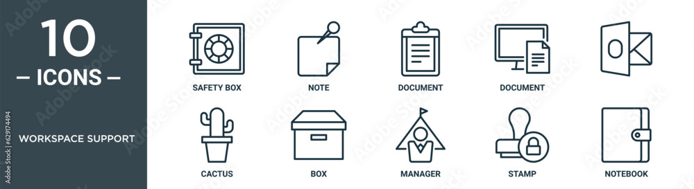 workspace support outline icon set includes thin line safety box, note ...