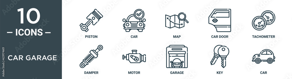 car garage outline icon set includes thin line piston, car, map, car ...