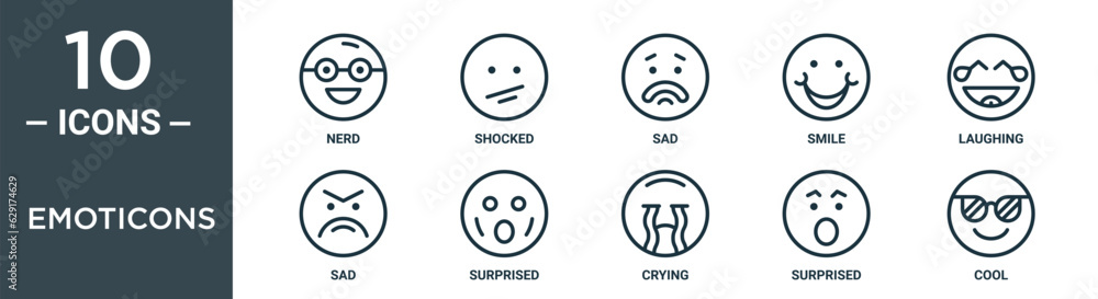 emoticons outline icon set includes thin line nerd, shocked, sad, smile ...