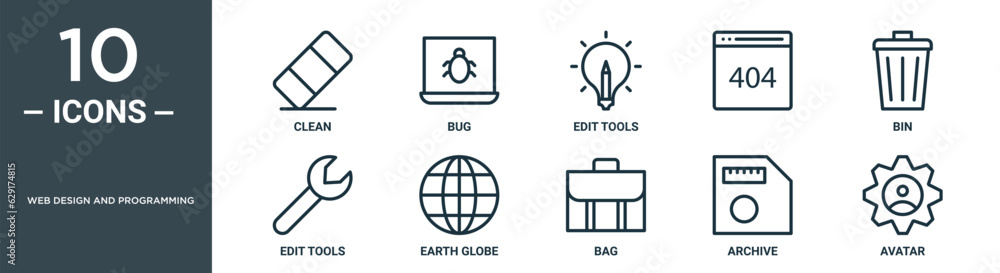 web design and programming outline icon set includes thin line clean, bug, edit tools, , bin ...