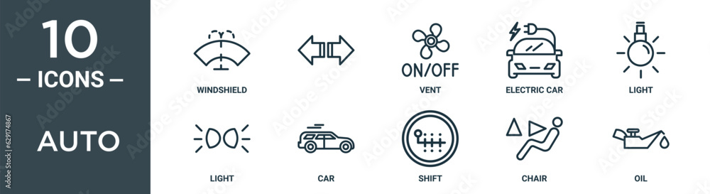 auto outline icon set includes thin line windshield, , vent, electric ...