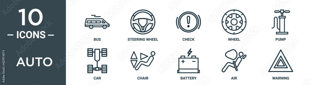 auto outline icon set includes thin line bus, steering wheel, check ...