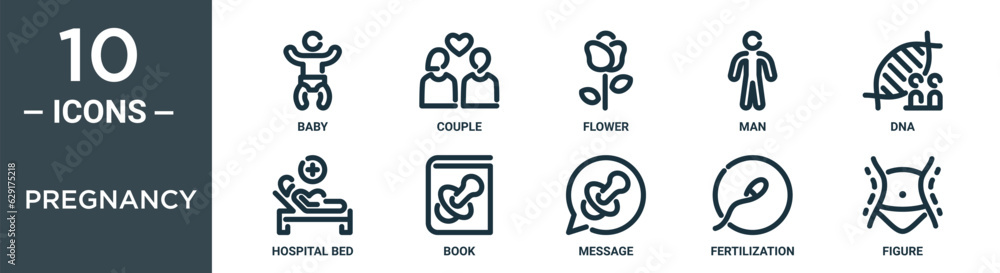pregnancy outline icon set includes thin line baby, couple, flower, man ...