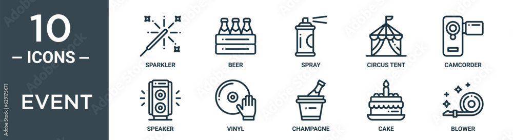 event outline icon set includes thin line sparkler, beer, spray, circus ...