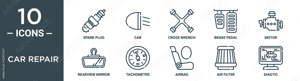 car repair outline icon set includes thin line spark plug, car, cross ...