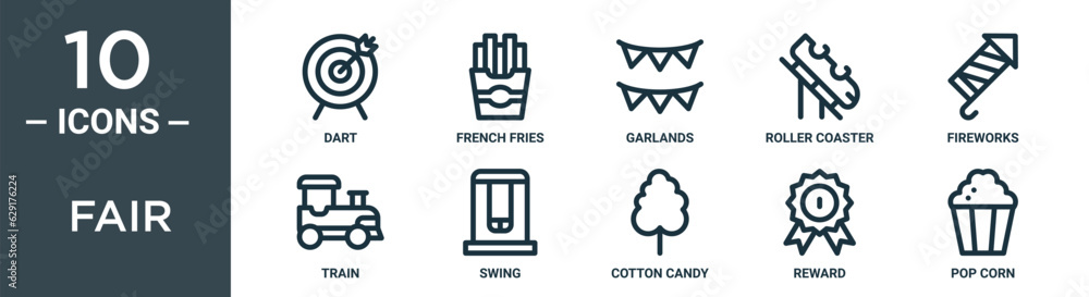 fair outline icon set includes thin line dart, french fries, garlands ...