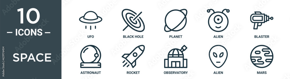 space outline icon set includes thin line ufo, black hole, planet ...