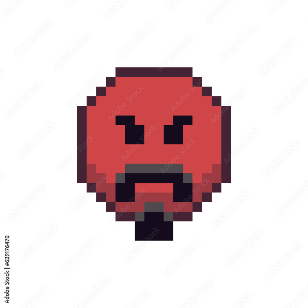 Red sad emoticon face with beard pixel art icon. Angry cartoon ...