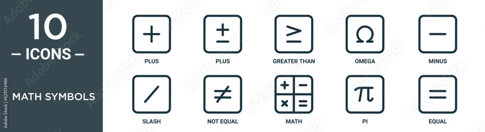 math symbols outline icon set includes thin line plus, plus, greater ...