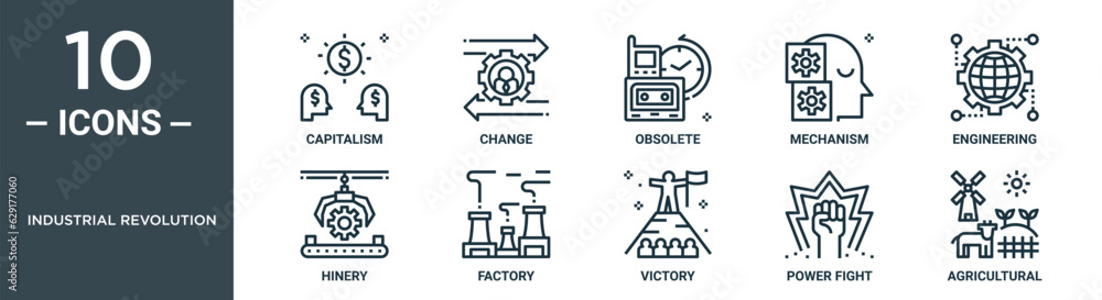 industrial revolution outline icon set includes thin line capitalism ...