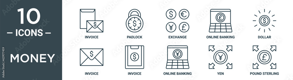 money outline icon set includes thin line invoice, padlock, exchange ...