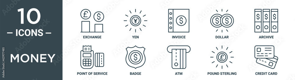 money outline icon set includes thin line exchange, yen, invoice ...