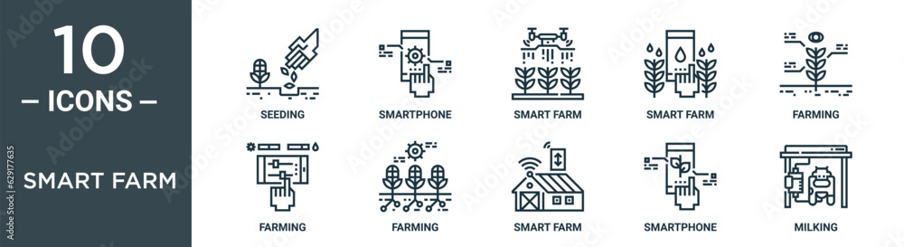 smart farm outline icon set includes thin line seeding, smartphone ...