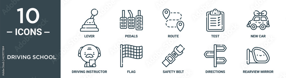 driving school outline icon set includes thin line lever, pedals, route ...